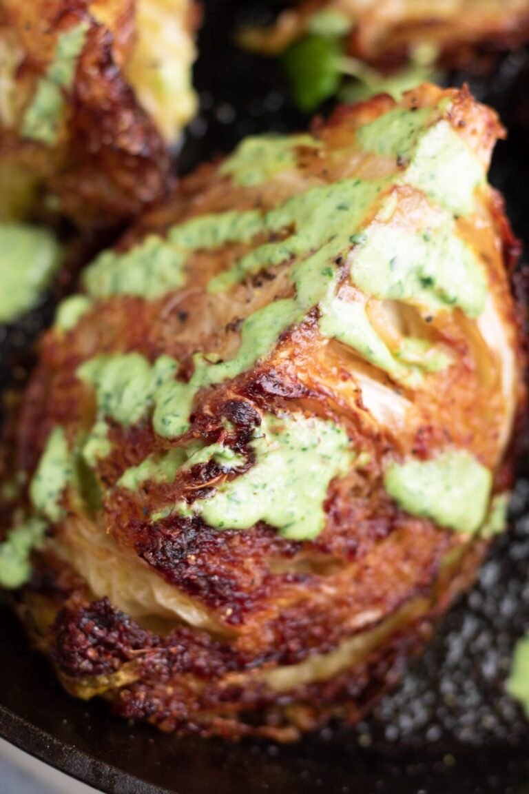 Roasted Green Cabbage with Green Tahini Sauce - Eating by Elaine