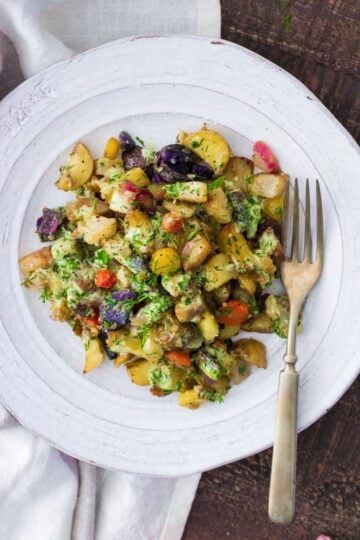 Spring Root Vegetable Hash with Creamy Herb Tahini Sauce - Eating by Elaine