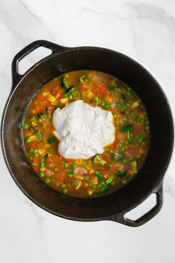Creamy Vegan Rainbow Veggie Orzo Soup - Eating by Elaine